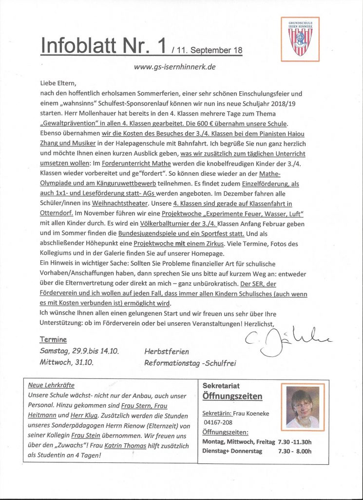 Infoblatt - GRUNDSCHULE ISERN HINNERK